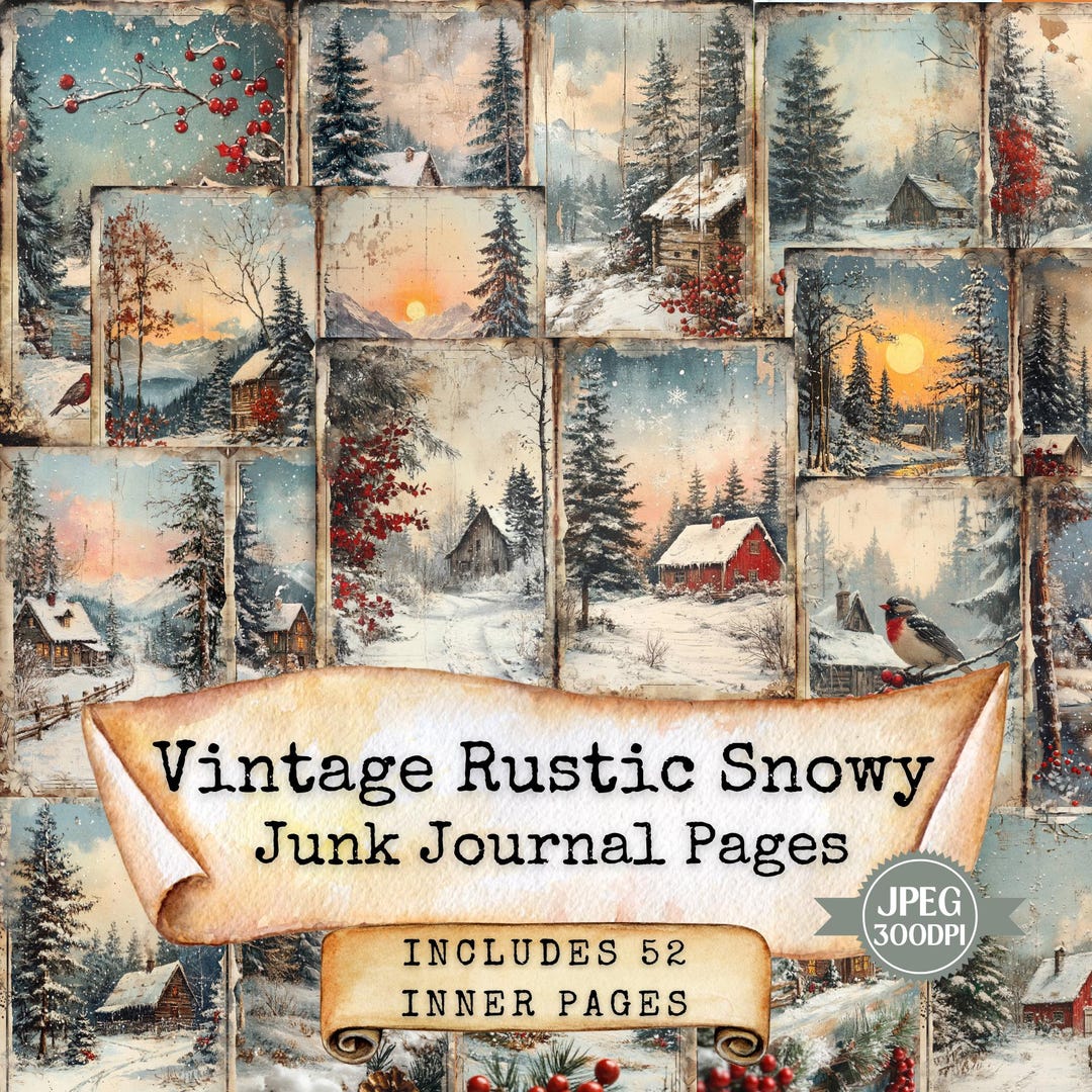Vintage Snowy Winter Junk Journal Kit: Rustic Scrapbook Paper (52 JPEG ...