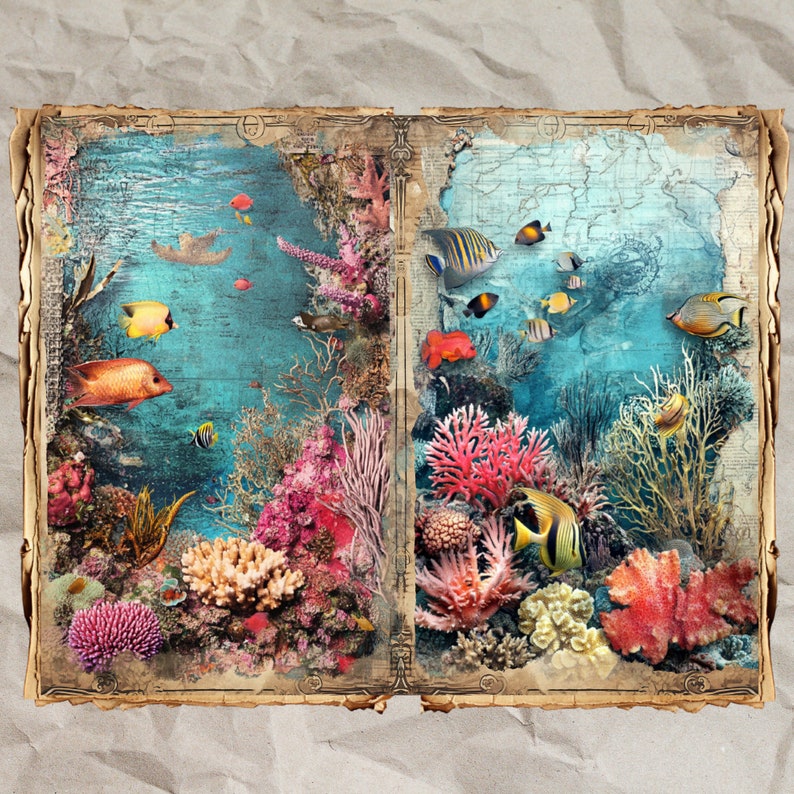 Sea Creatures Junk Journal Printable Pages, Underwater Scene Vintage ...