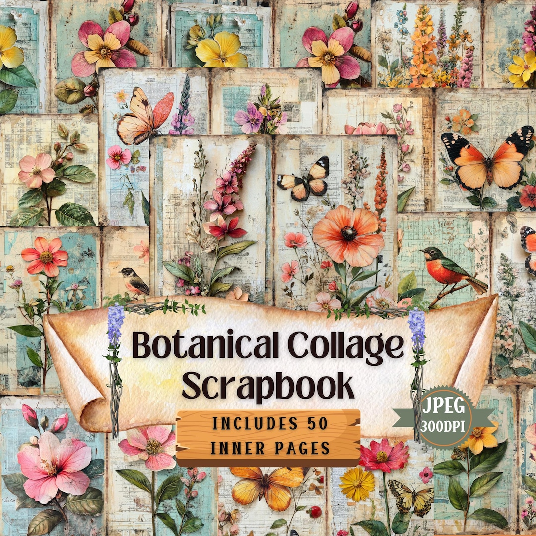 Botanical Collage Scrapbook Vintage Page | Junk Journal Kit | Shabby ...