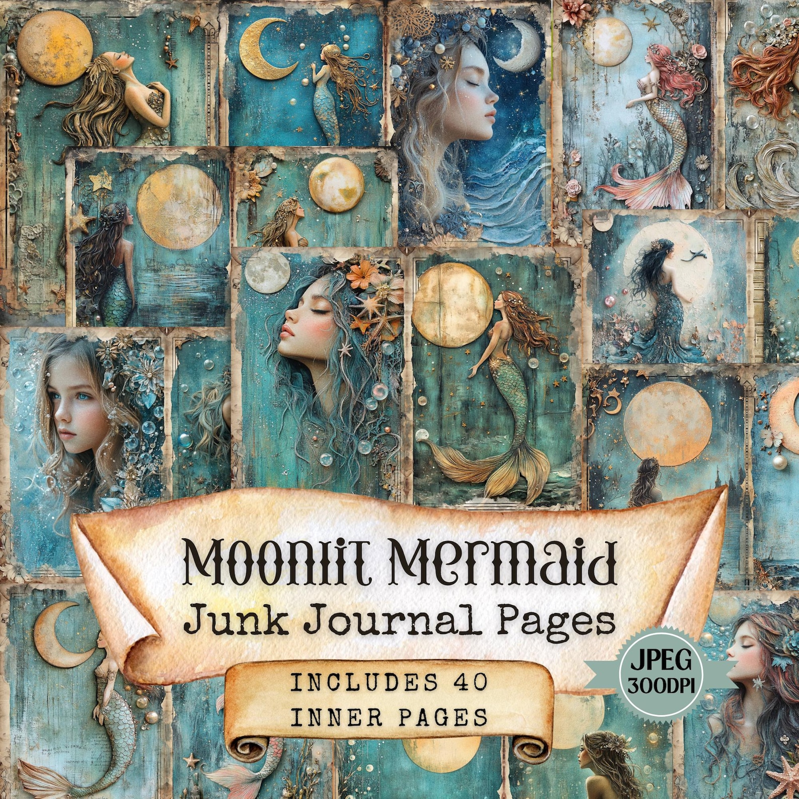 Moonlit Mermaid Junk Journal Pages: Shabby Chic Ephemera (40 JPEG) - Etsy