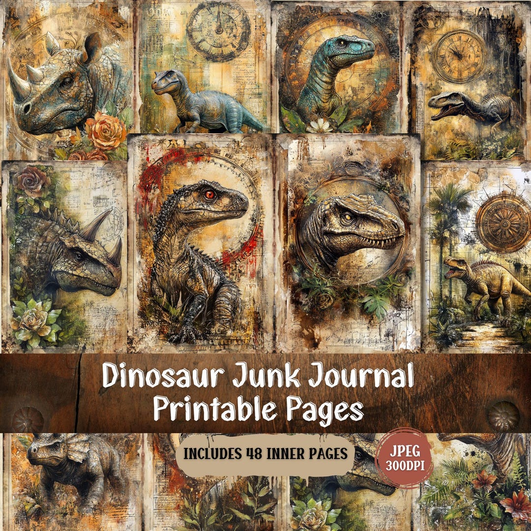 Dinosaur Junk Journal Kit: Vintage Fossil Collage, T-rex Art (48 JPEG ...