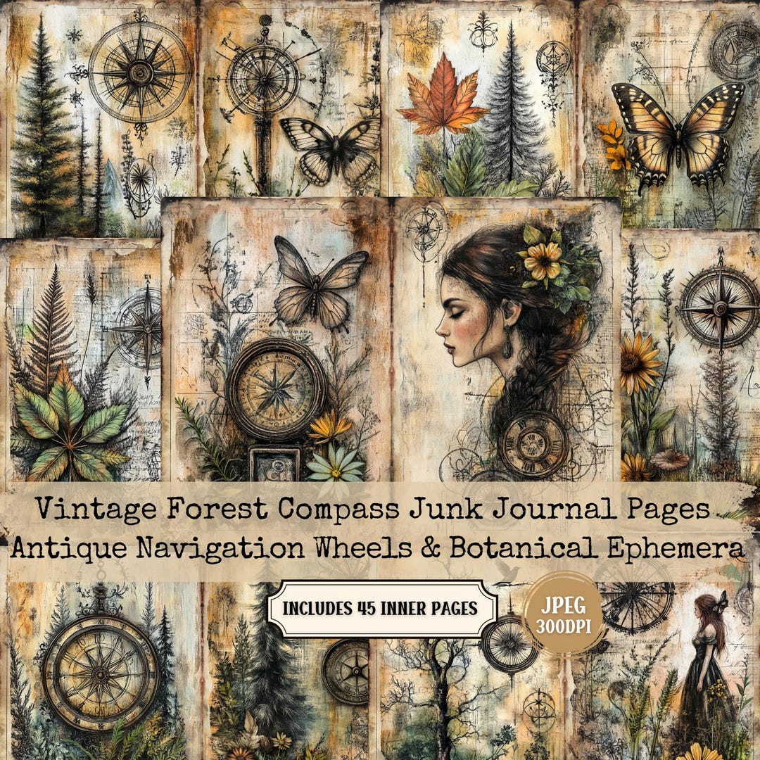 Vintage Forest Compass Junk Journal Page | Woodland Maps, Antique ...