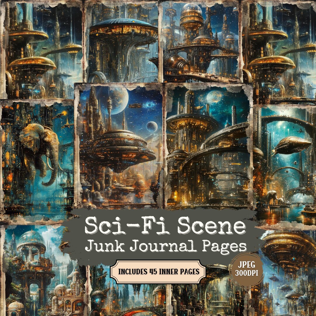 Sci-fi Scene Junk Journal Pages | Vintage Futuristic City Landscape Kit ...