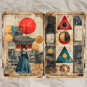 Korean Collage Art Print: Hanbok, Geometry, Aged Paper (digital ...