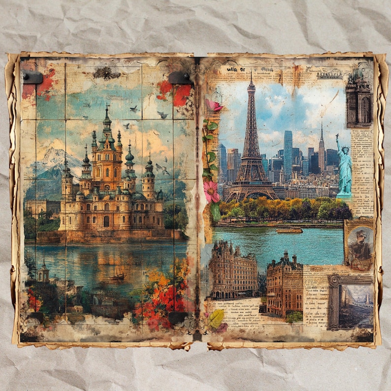Antique World Landmarks Junk Journal Pages: Shabby Chic Ephemera (50 ...