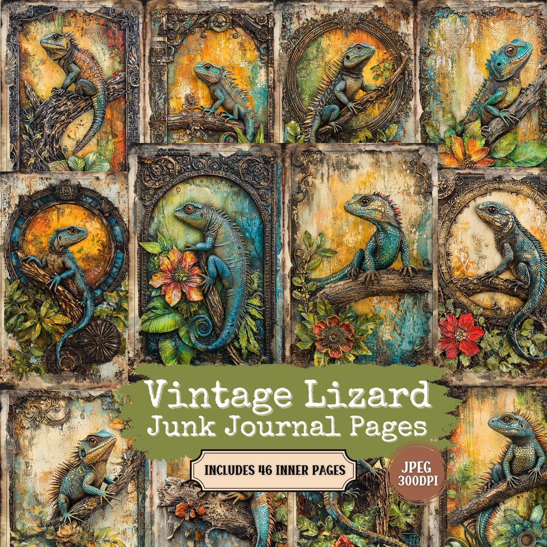 Vintage Lizard Junk Journal Pages | Colorful Exotic Animals | Shabby ...