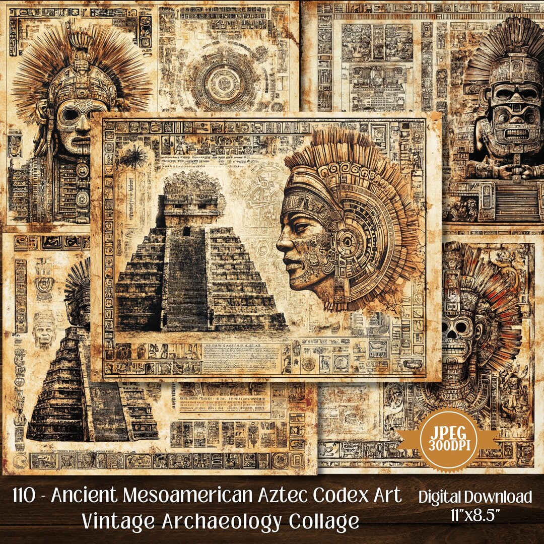 Aztec Codex Art | Vintage Mesoamerican Mask Collage (digital Download ...