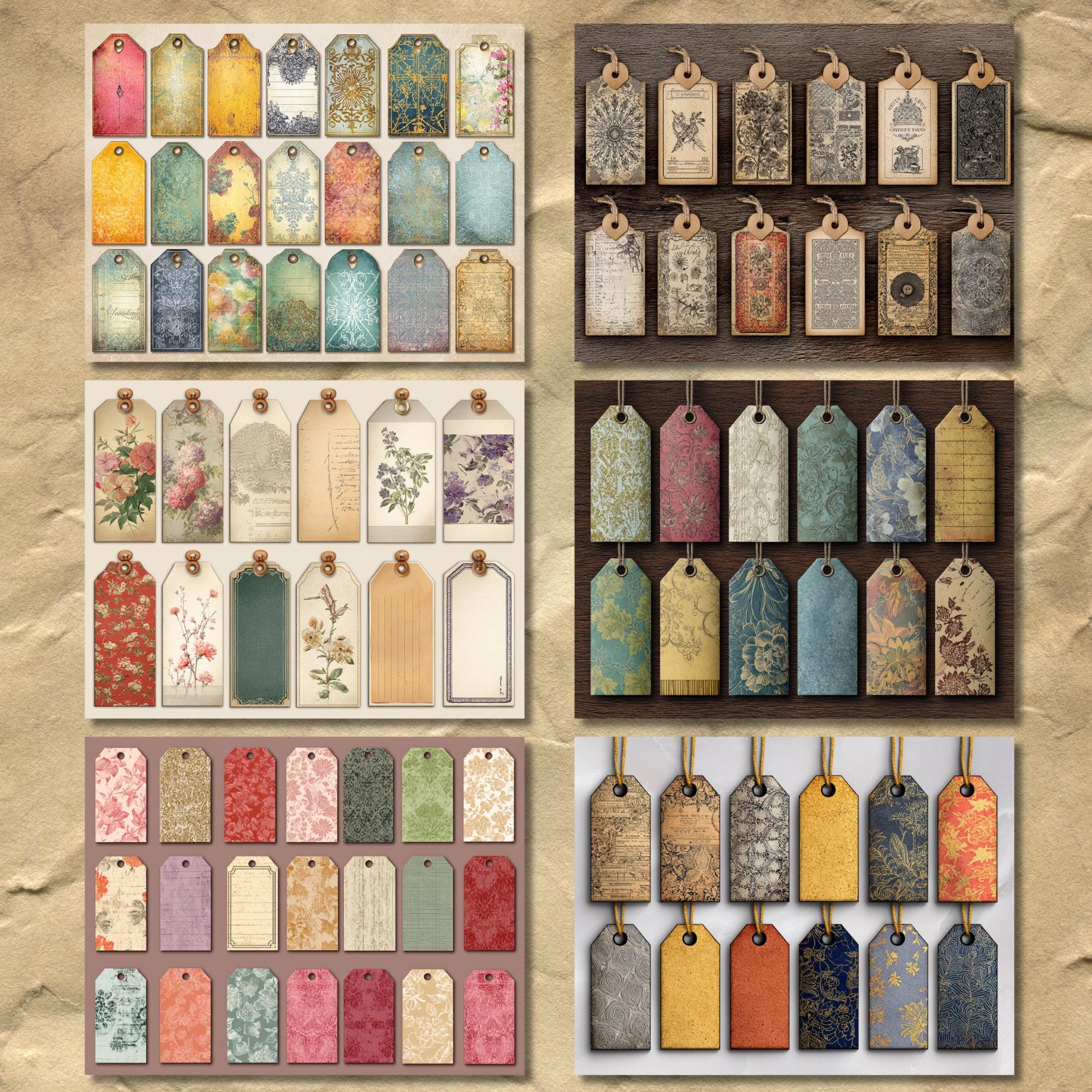 Vintage Ephemera Tags: Floral Grunge Scrapbook Labels (92 JPEG Digital ...