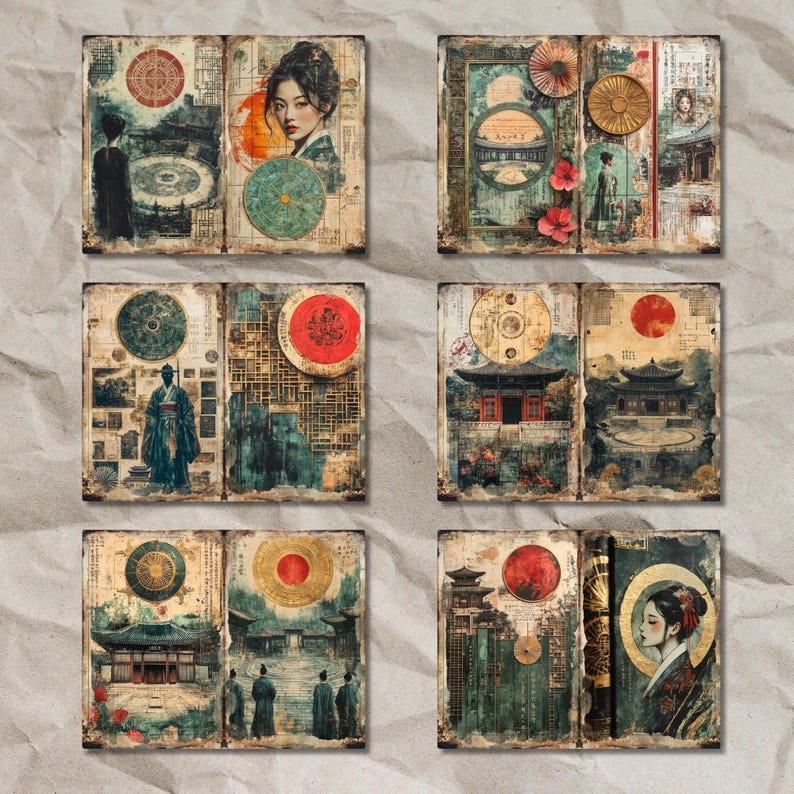 Korean Junk Journal Pages: Vintage Ephemera, Red Sun Temple Art ...