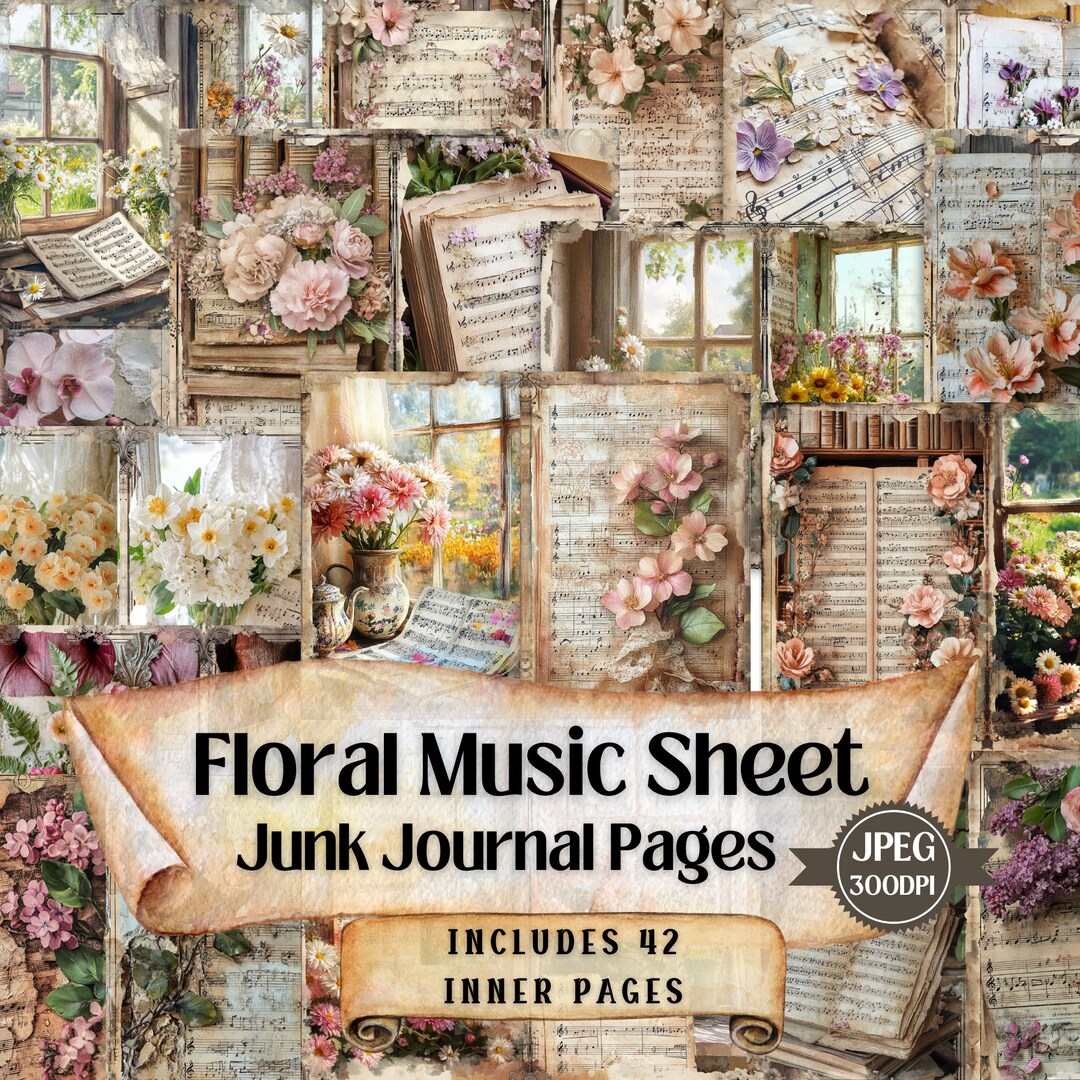 Floral Music Sheet Printable Pages, Old Music Sheet Junk Journal Pages ...