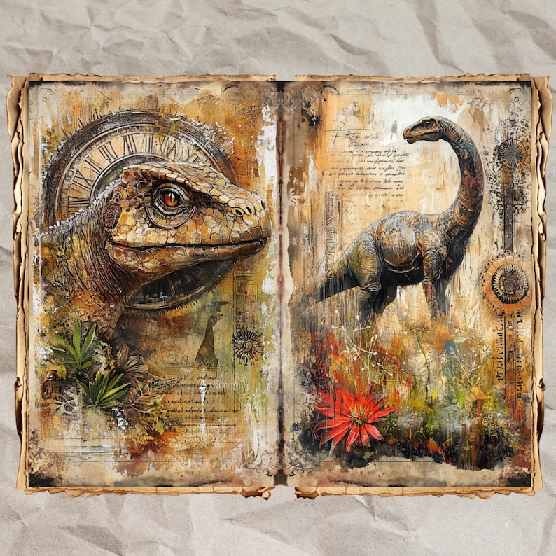 Dinosaur Junk Journal Kit: Vintage Fossil Collage, T-rex Art (48 JPEG ...