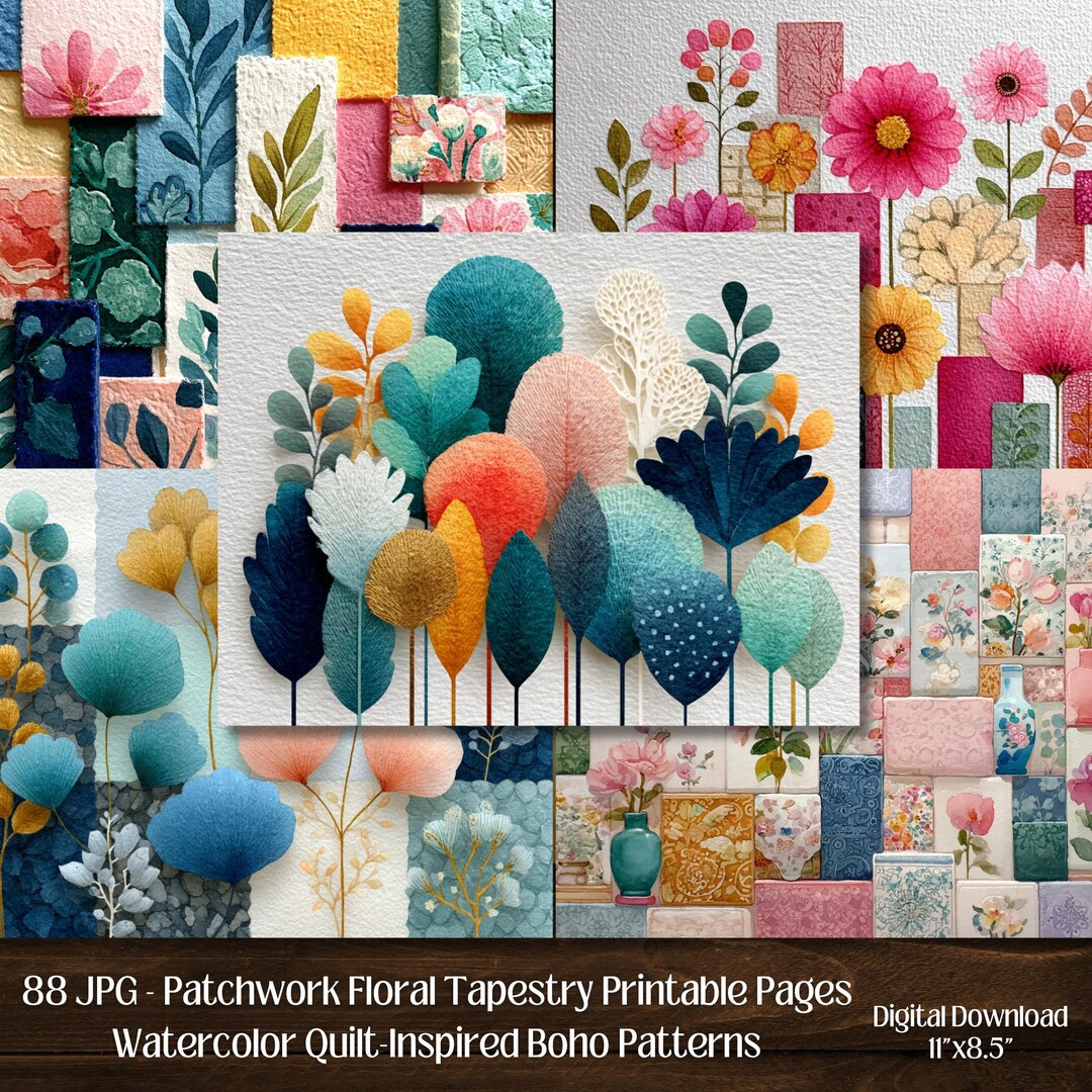 Patchwork Floral Tapestry Printable Pages– Watercolor Quilt-inspired ...
