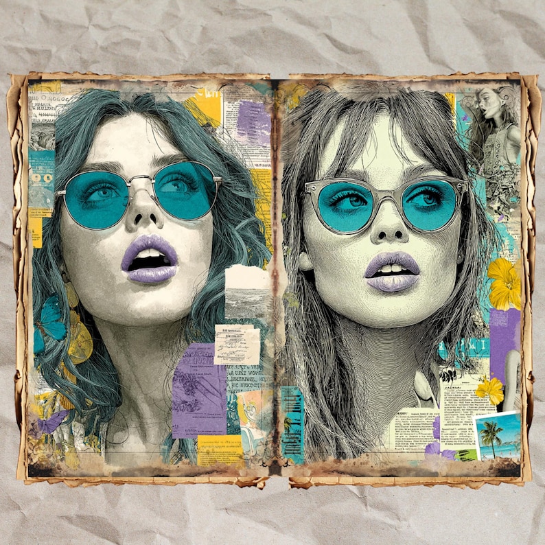 Retro Boho Women Collage Art | Junk Journal Pages (60 JPG, 11
