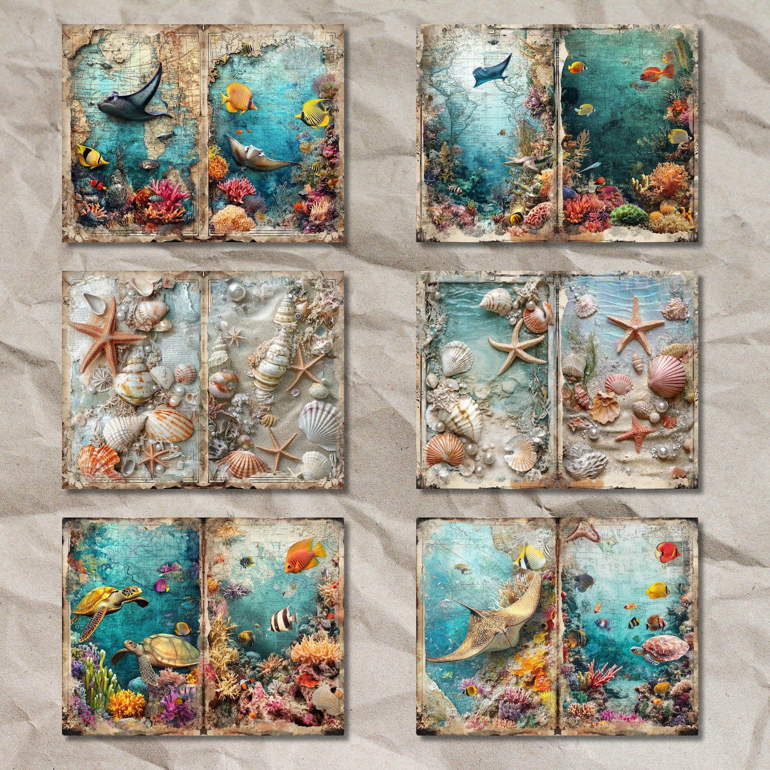 Sea Creatures Junk Journal Printable Pages, Underwater Scene Vintage ...