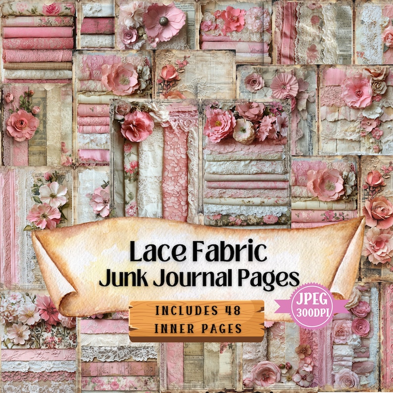 Lace Fabric Junk Journal Pages, Vintage Pink Lace Journal Kit, Shabby ...
