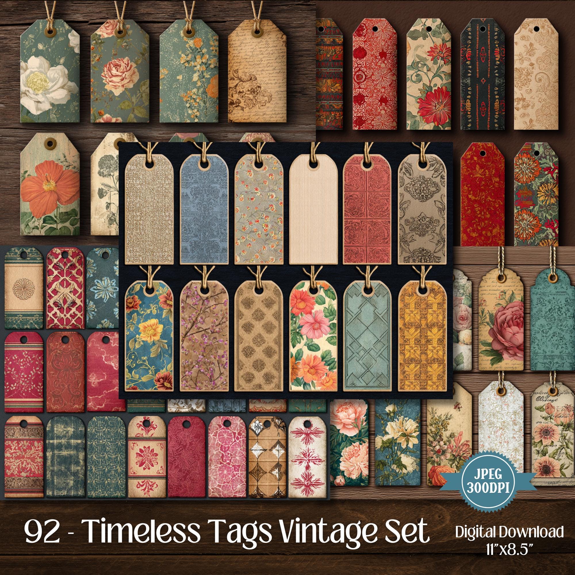 Vintage Ephemera Tags: Floral Grunge Scrapbook Labels (92 JPEG Digital ...