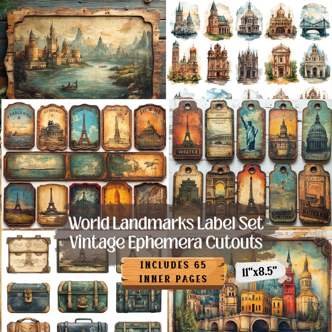 World Landmarks Label Set – Vintage Ephemera Cutouts | Travel Icon ...