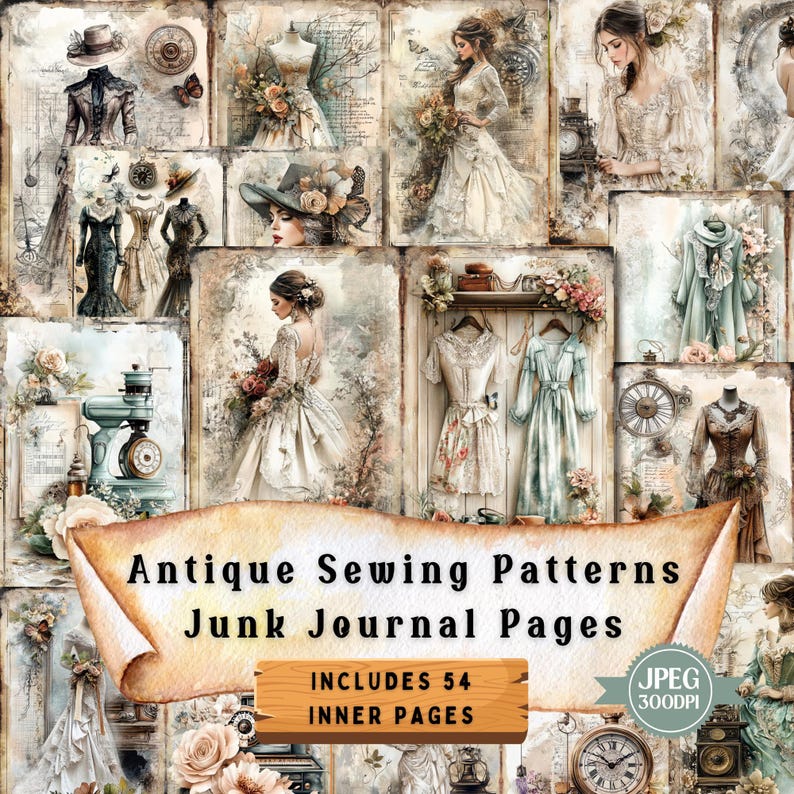 Antique Sewing Pattern Junk Journal Kit: Shabby Chic Ephemera (digital ...