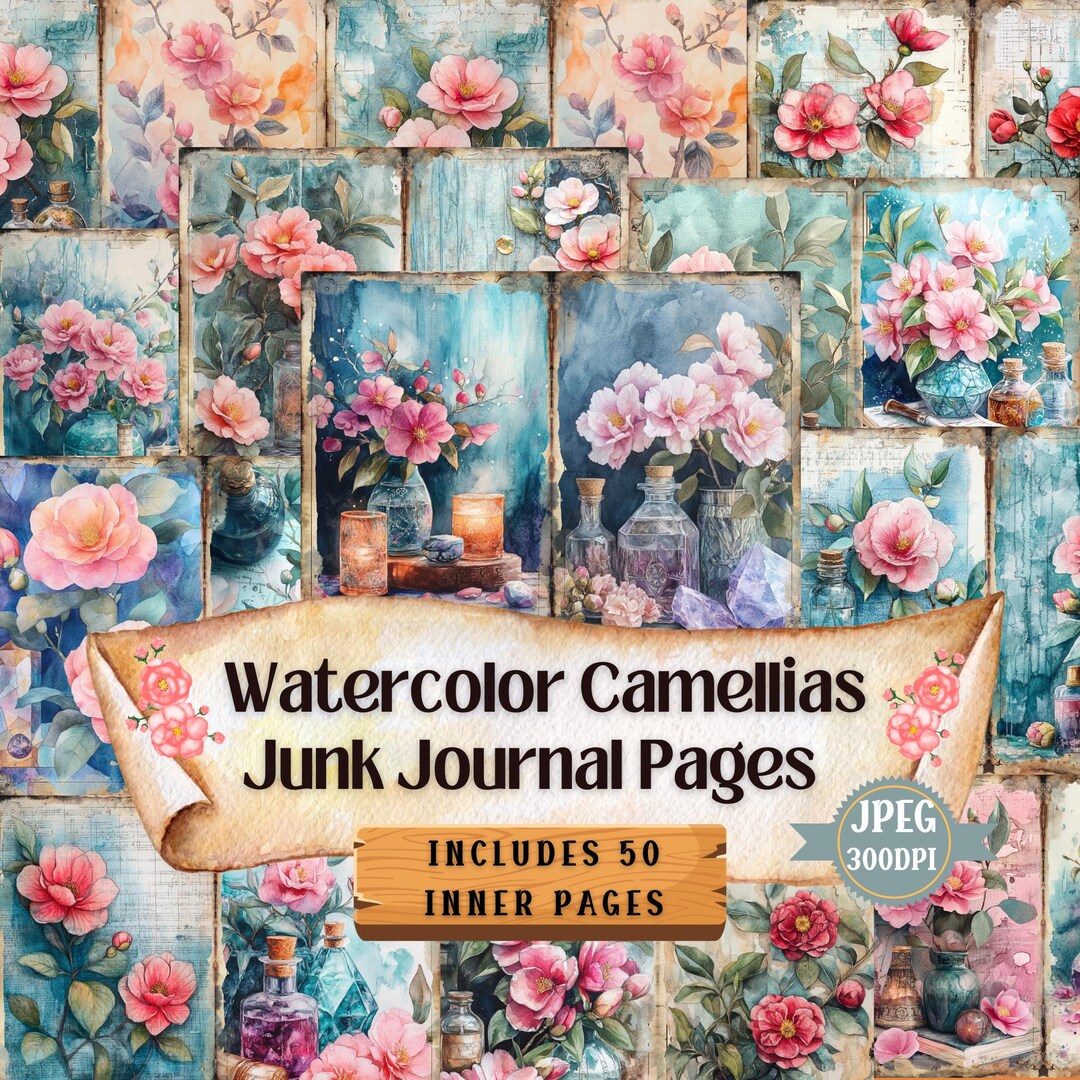 Watercolor Camellias Junk Journal Pages: Shabby Chic Ephemera (50 JPEG ...