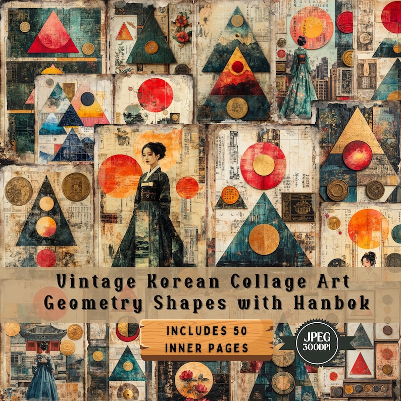 Korean Collage Art Print: Hanbok, Geometry, Aged Paper (digital ...