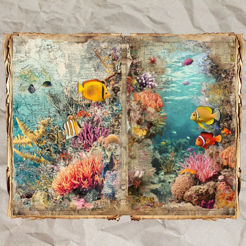 Sea Creatures Junk Journal Printable Pages, Underwater Scene Vintage ...