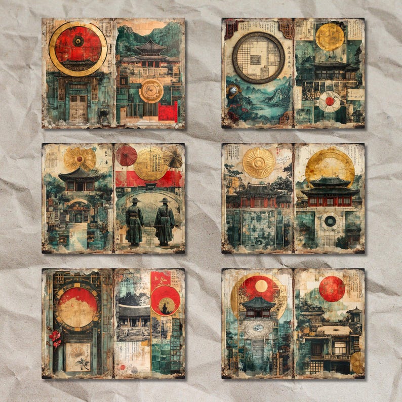 Korean Junk Journal Pages: Vintage Ephemera, Red Sun Temple Art ...