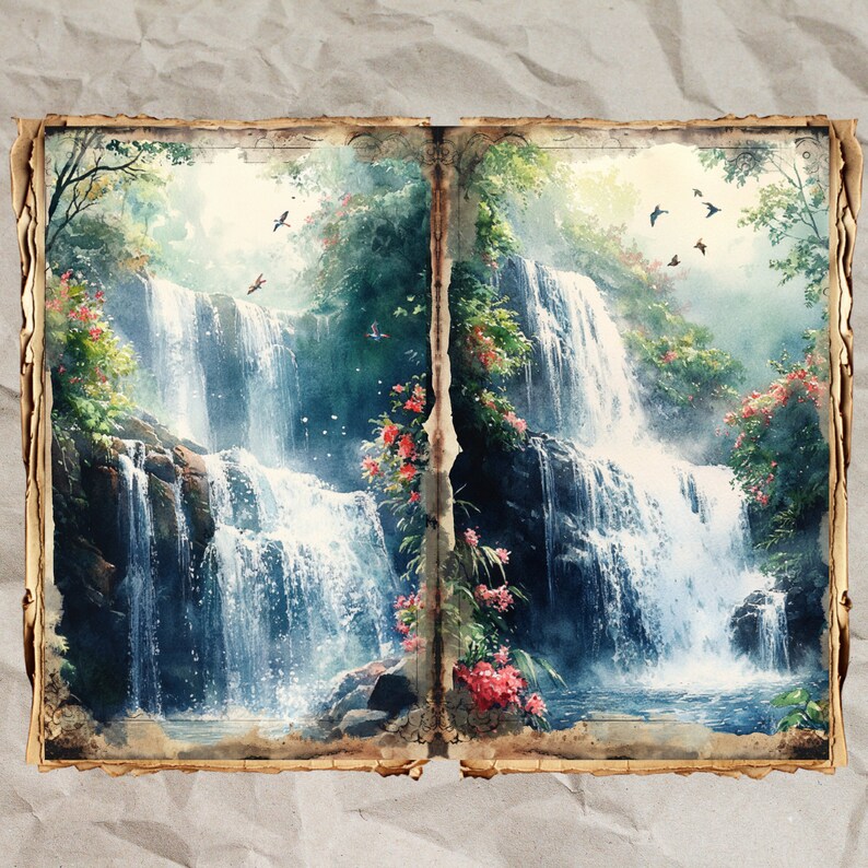 Watercolor Waterfall Junk Journal Kit: Shabby Chic Ephemera (38 JPEG ...