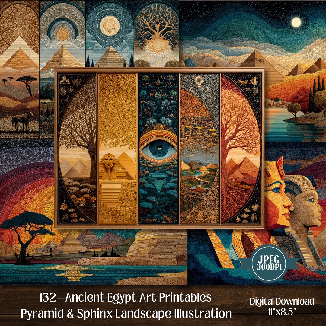 Ancient Egypt Art Printables | Pyramid & Sphinx Landscape Illustration ...