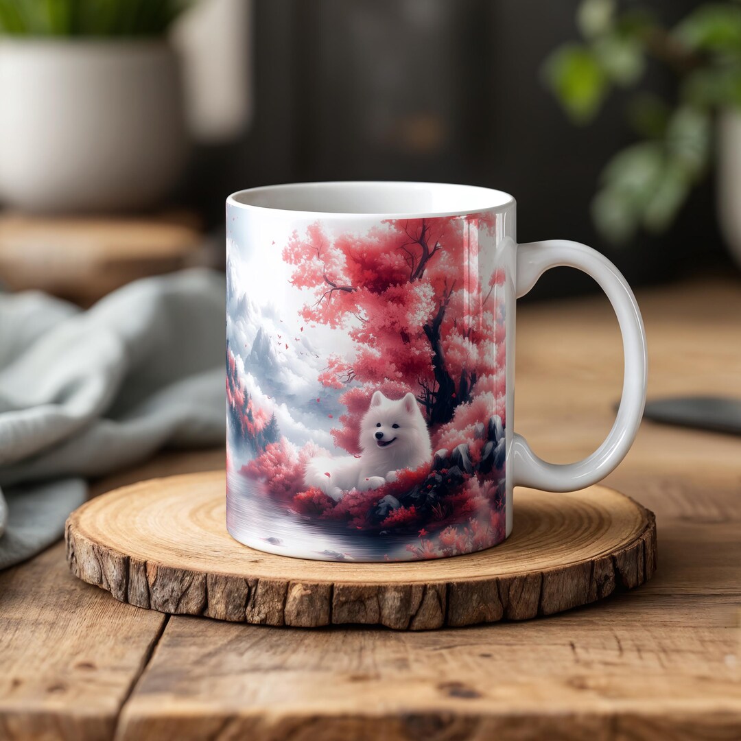 Samoyed Coffee Mug, Japanese Style Art, White Dog Lover Gift, Cherry ...