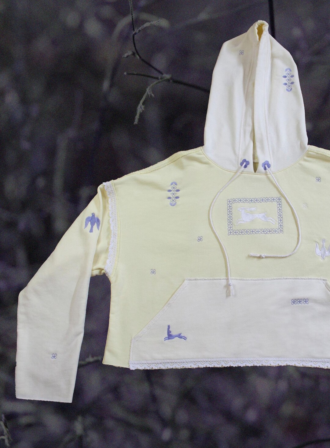 Handmade Embroidered Hoodie, Rabbit & Bird Embroidery Cropped Hoodie ...