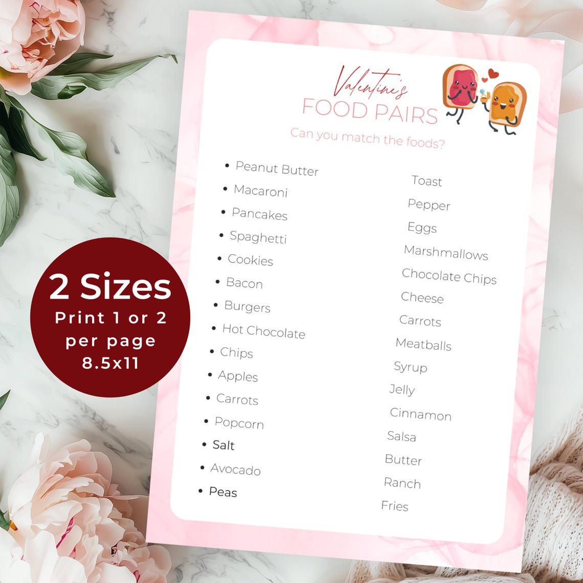 Valentine's Food Pairs Game With Answers, Valentine's Matching Activity ...