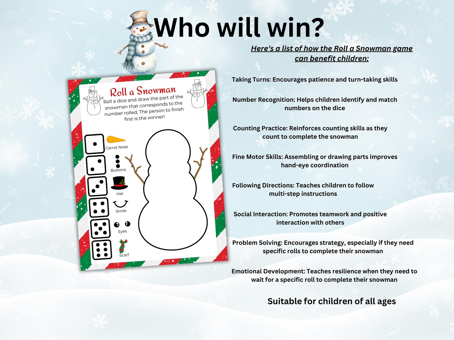 Roll the Snowman Kids Game, Printable Christmas Activity, Children's ...