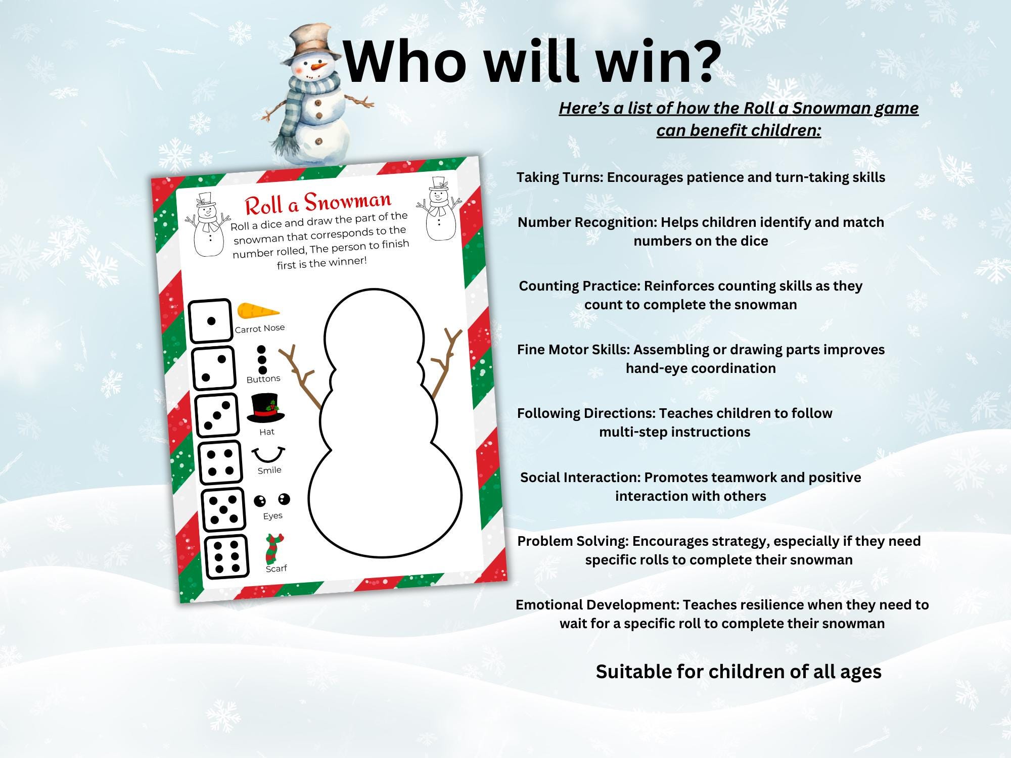 Roll the Snowman Kids Game, Printable Christmas Activity, Children's ...