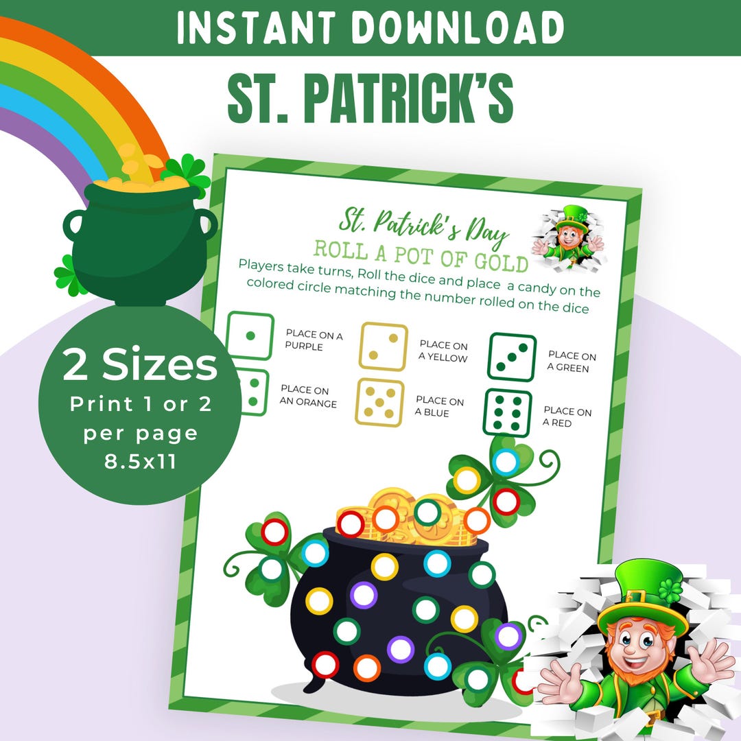 Roll the Dice St. Patrick’s, Printable for Kids, Leprechaun Pot of Gold ...