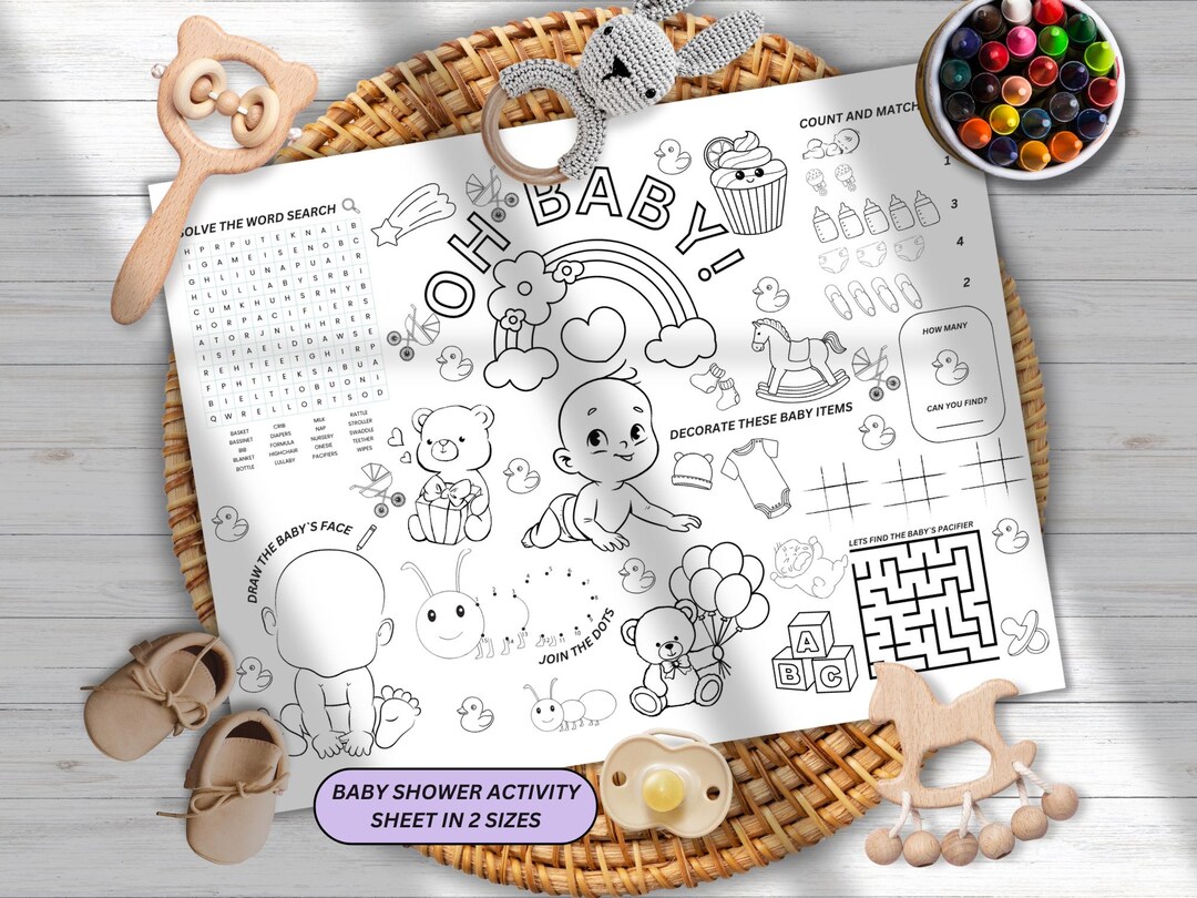 Kids Printable Baby Shower Activity Mat, Childrens Colouring Placemat ...