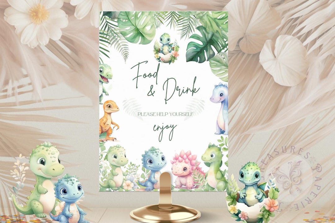 Food and Drink Sign, Dinosaur Themed Baby Shower, Dino Party Printable ...