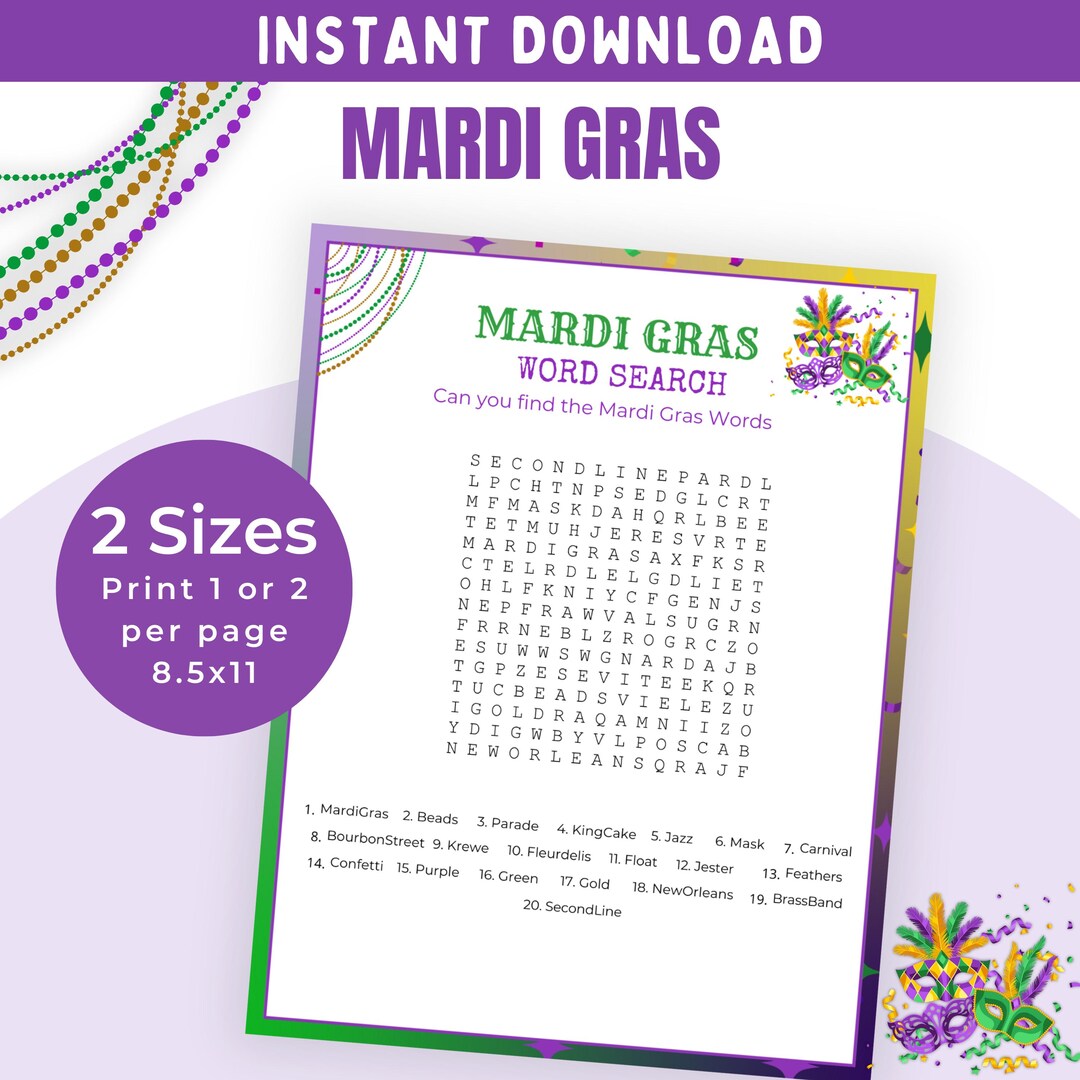 Mardi Gras Word Search Puzzle, Fat Tuesday Find the Word, Carnival ...