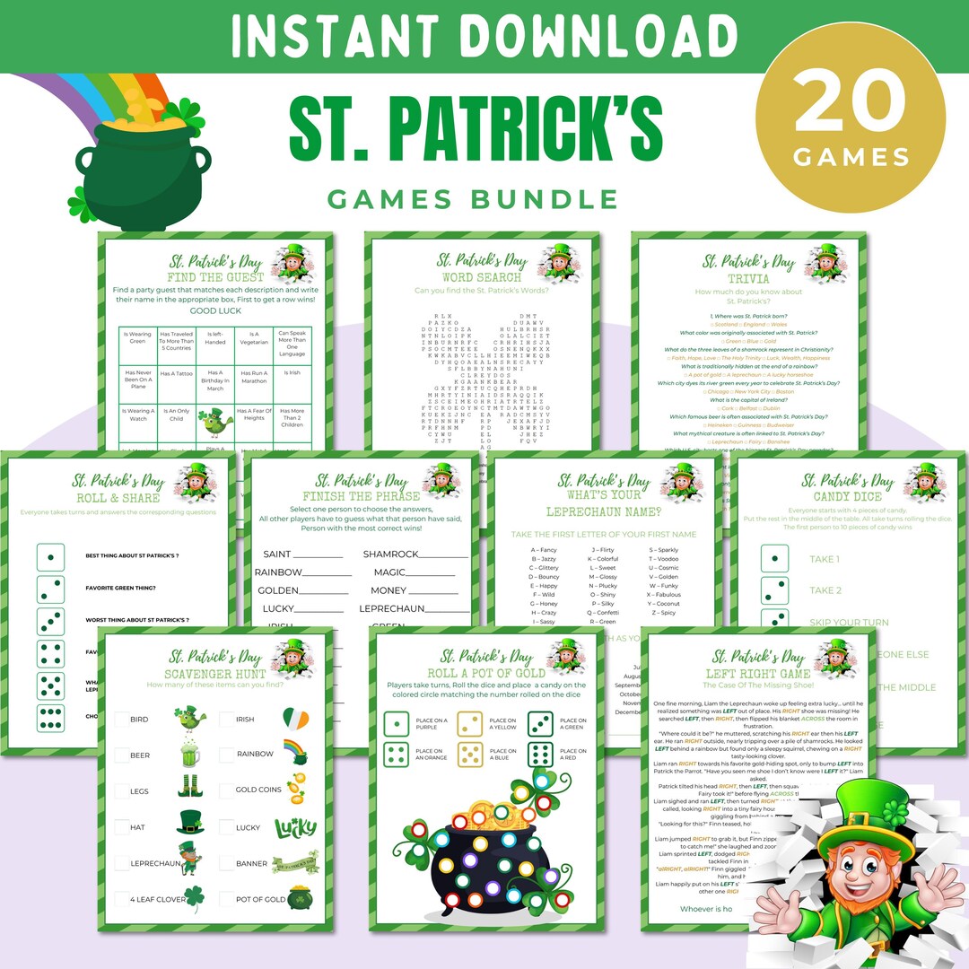 St Patrick's Day Game Bundle, Printable Party Games Kids and Adults ...