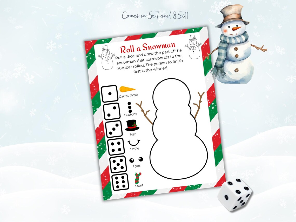Roll the Snowman Kids Game, Printable Christmas Activity, Children's ...