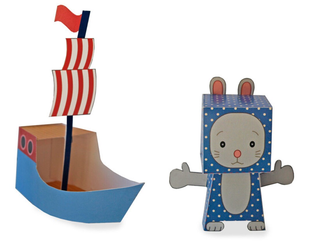 Paper Toy Play Set Blue Mouse With Boat DIY Paper Craft, Instant ...