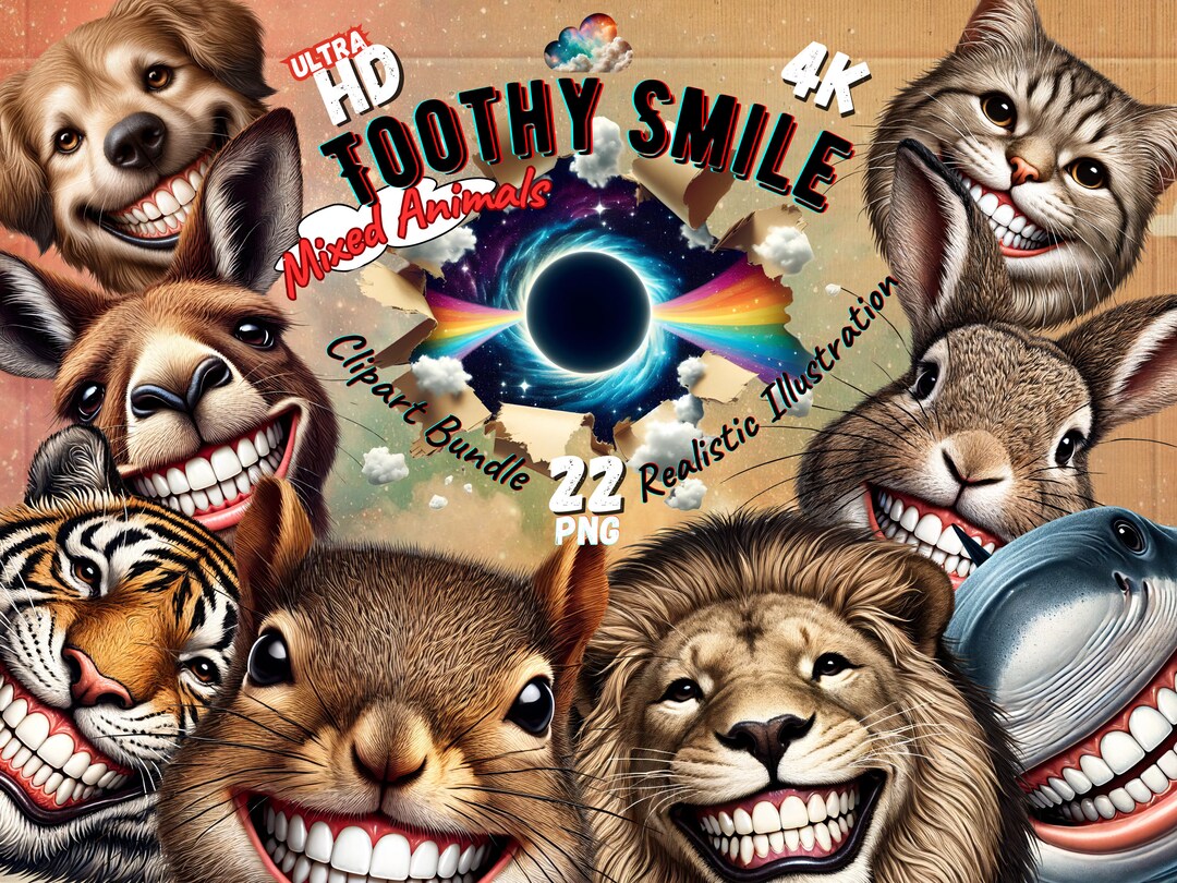 22 Toothy Smile Clipart Bundle | Mixed Animals Collection - Realistic ...