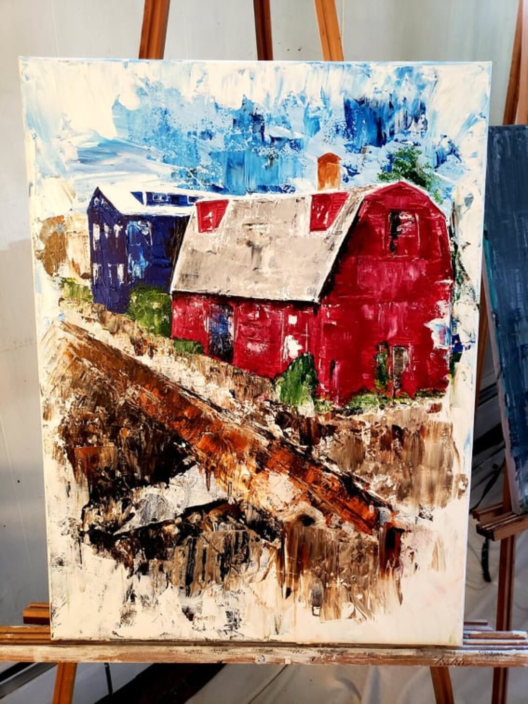 Painting Red House Blue House Impressionist Maine Rich Colors - Etsy
