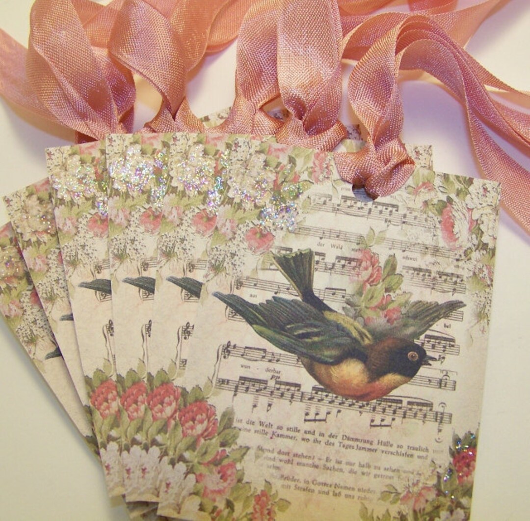 Bird Tags - Music and Floral Collage - Set of 6 - Etsy