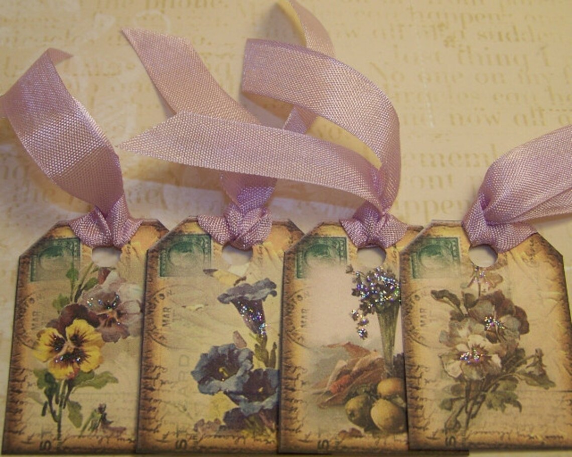 Bird and Flower Tags 1 Vintage Inspired Set of 12 | Etsy