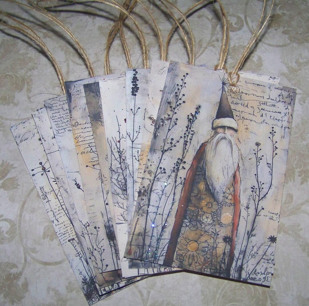 Christmas Tags Handmade Vintage Style Rustic Folk Art Stylized Santa ...
