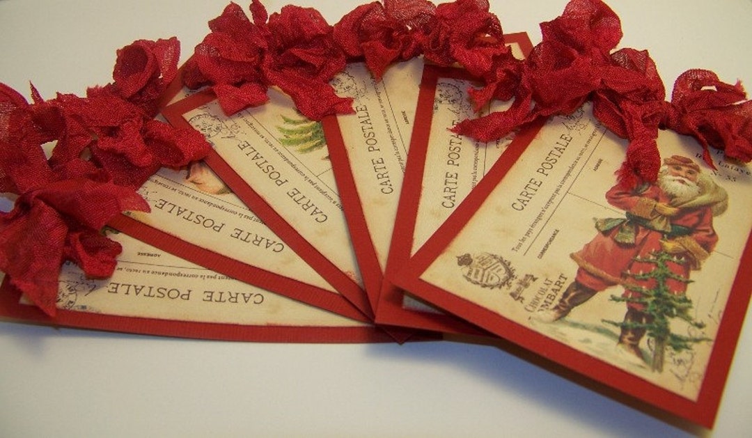 Christmas Tags French Vintage Old World Santa Postcard Style Christmas ...