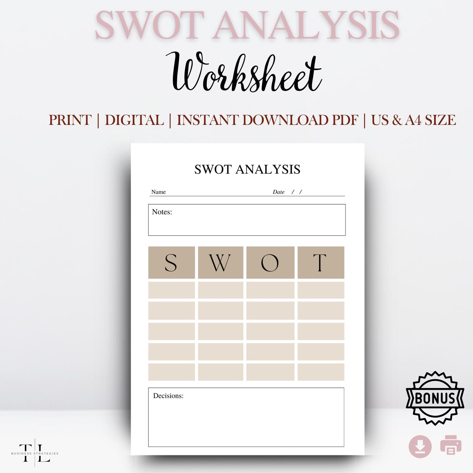 Printable SWOT Analysis Tool | A4 | US Letter | Digital PDF for ...