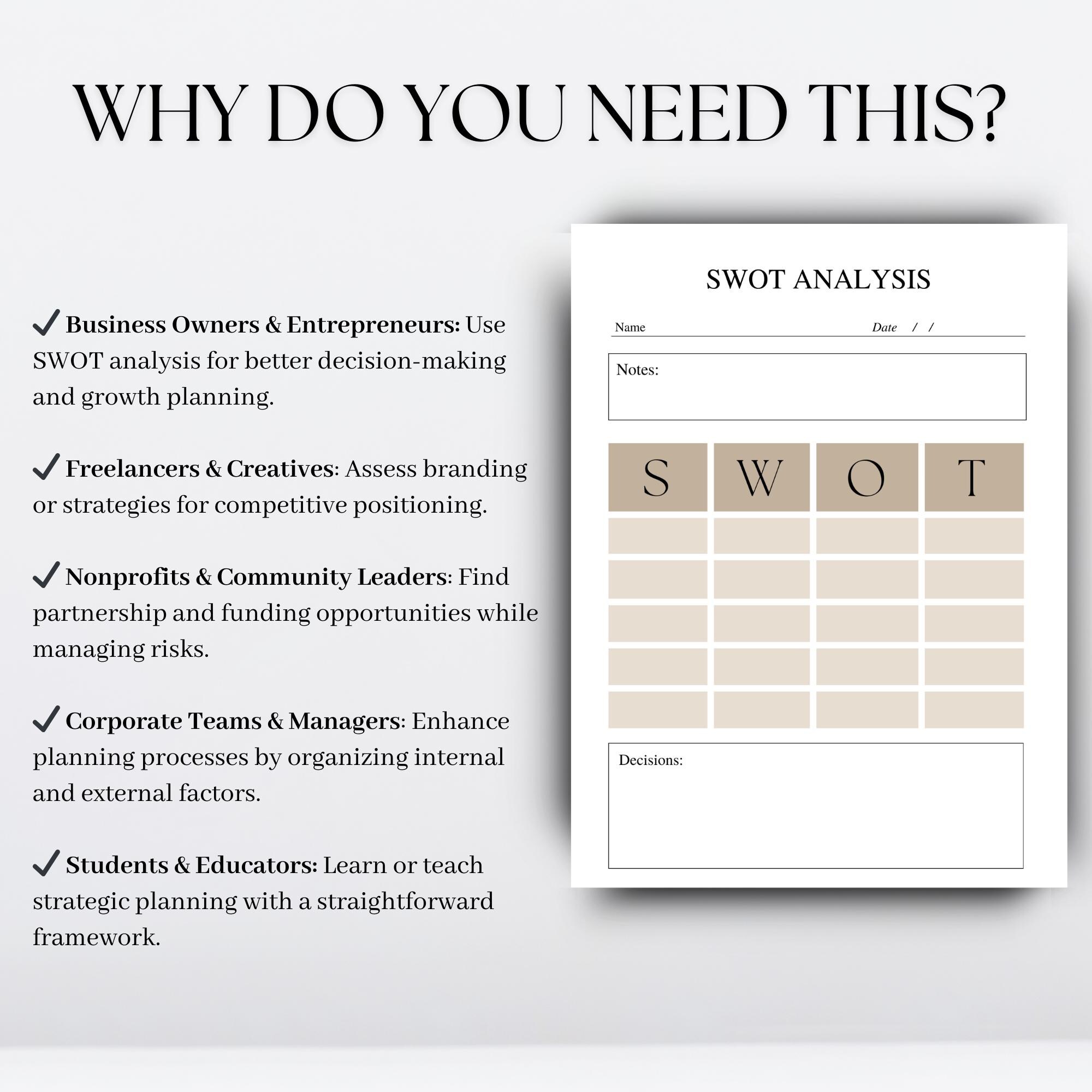 Printable SWOT Analysis Tool | A4 | US Letter | Digital PDF for ...