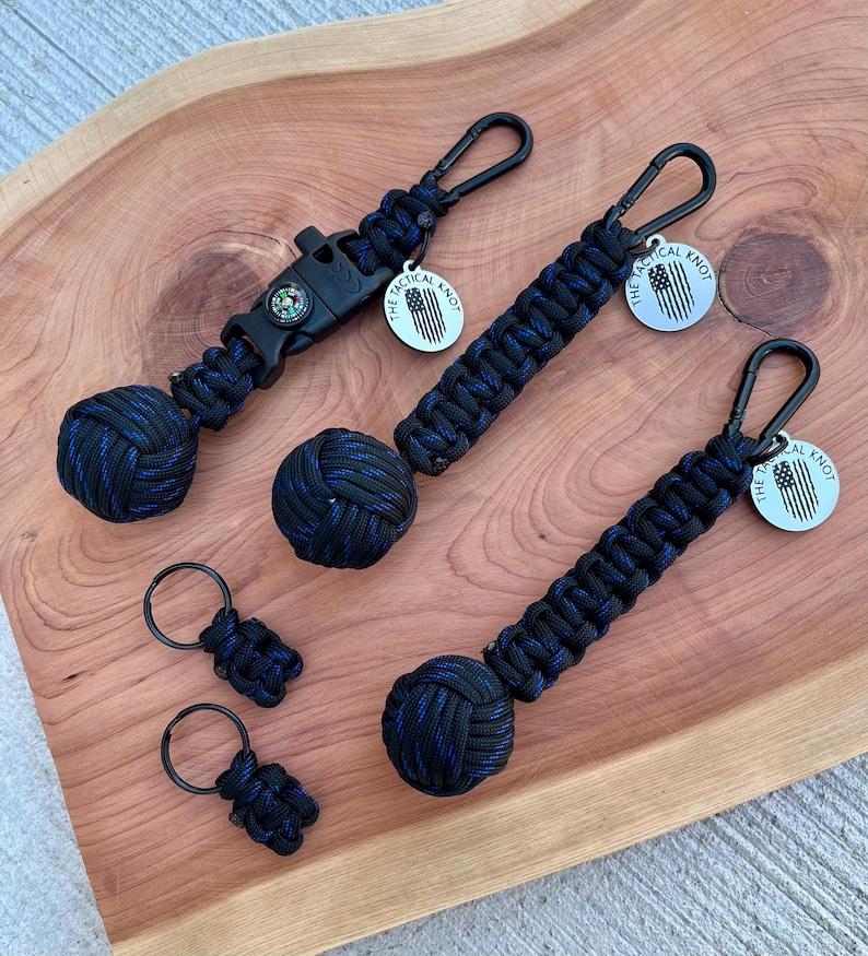 Monkey Fist Survival Kit Keychain - Thin Blue Line on Black - Bug Out Bag Mini Survival Kit ...