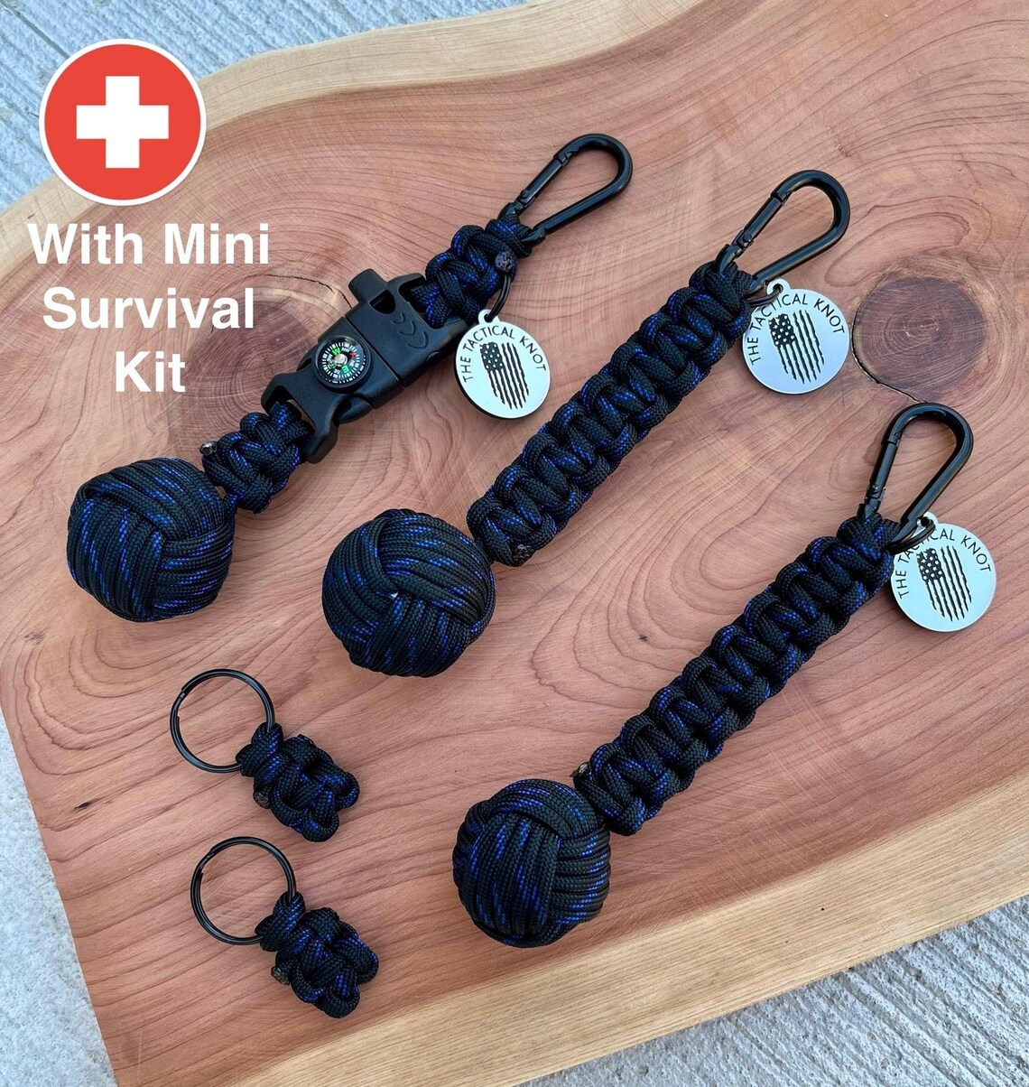 Monkey Fist Survival Kit Keychain - Thin Blue Line on Black - Bug Out ...